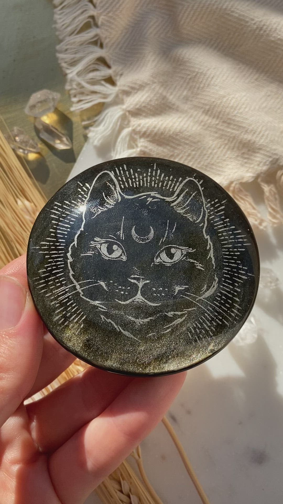 Gold Sheen Obsidian Disc Crystal Grid with “Midnight Familiar” Cat ...