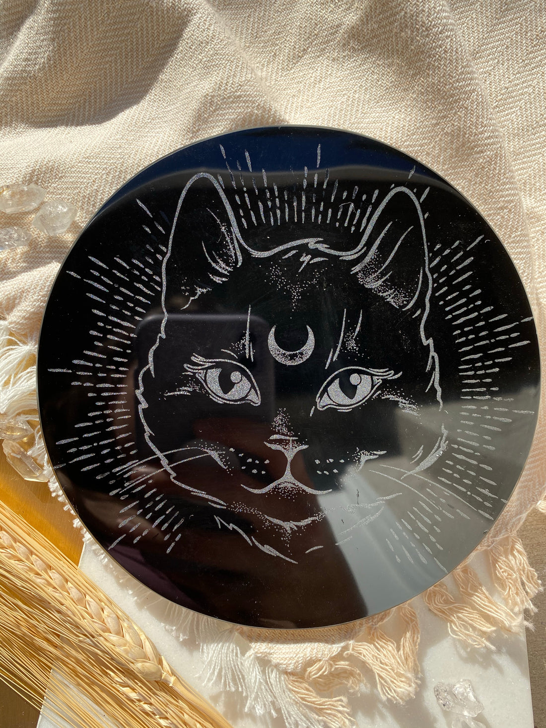 Gold Sheen Obsidian Disc Crystal Grid with “Midnight Familiar” Cat ...