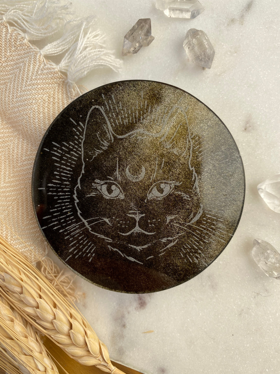 Gold Sheen Obsidian Disc Crystal Grid with “Midnight Familiar” Cat ...